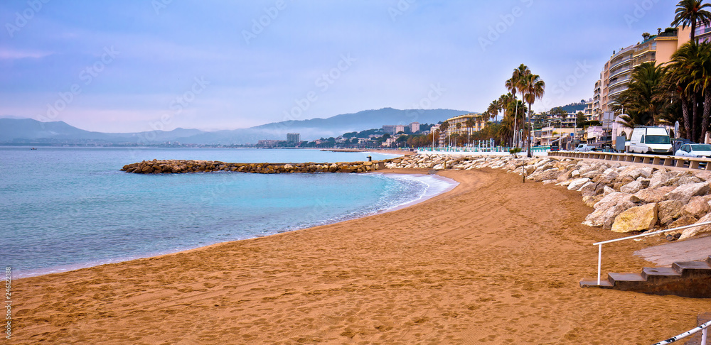 Cannes sand beach and palm waterfront panoramic view Stock Photo ...