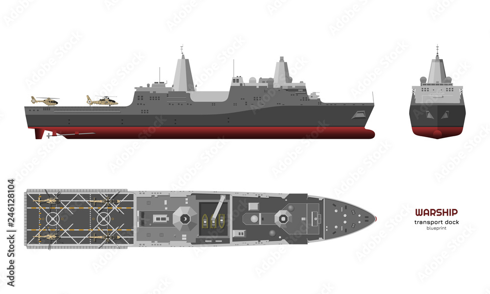 Naklejka Detailed image of military ship. Top, front and side view ...