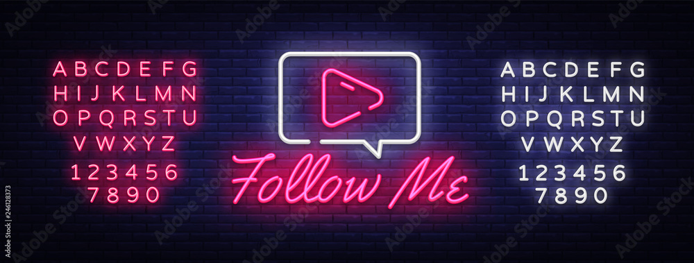 Follow Me neon text vector design template. Subscribe button neon logo ...