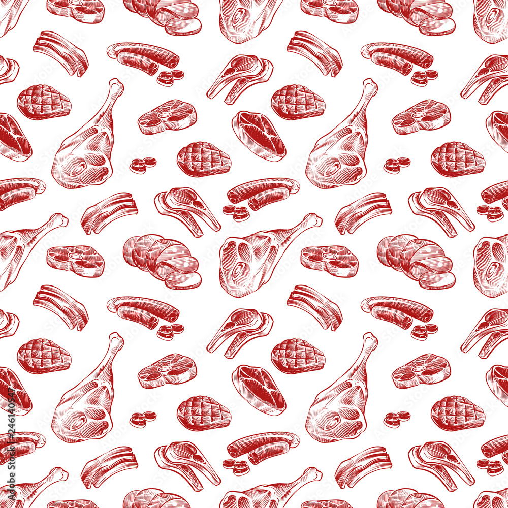 Hand Drawn Meat Steak Beef And Pork Lamb Grill Meat And Sausage