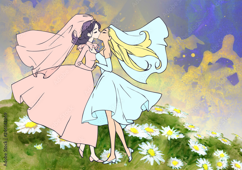Beautiful cartoon anime wedding illustration of two pretty homosexual ...