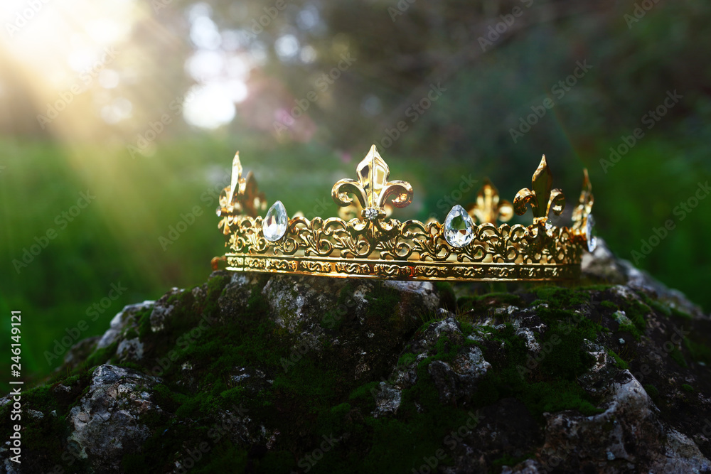 mysterious and magical photo of gold king crown over the stone covered ...