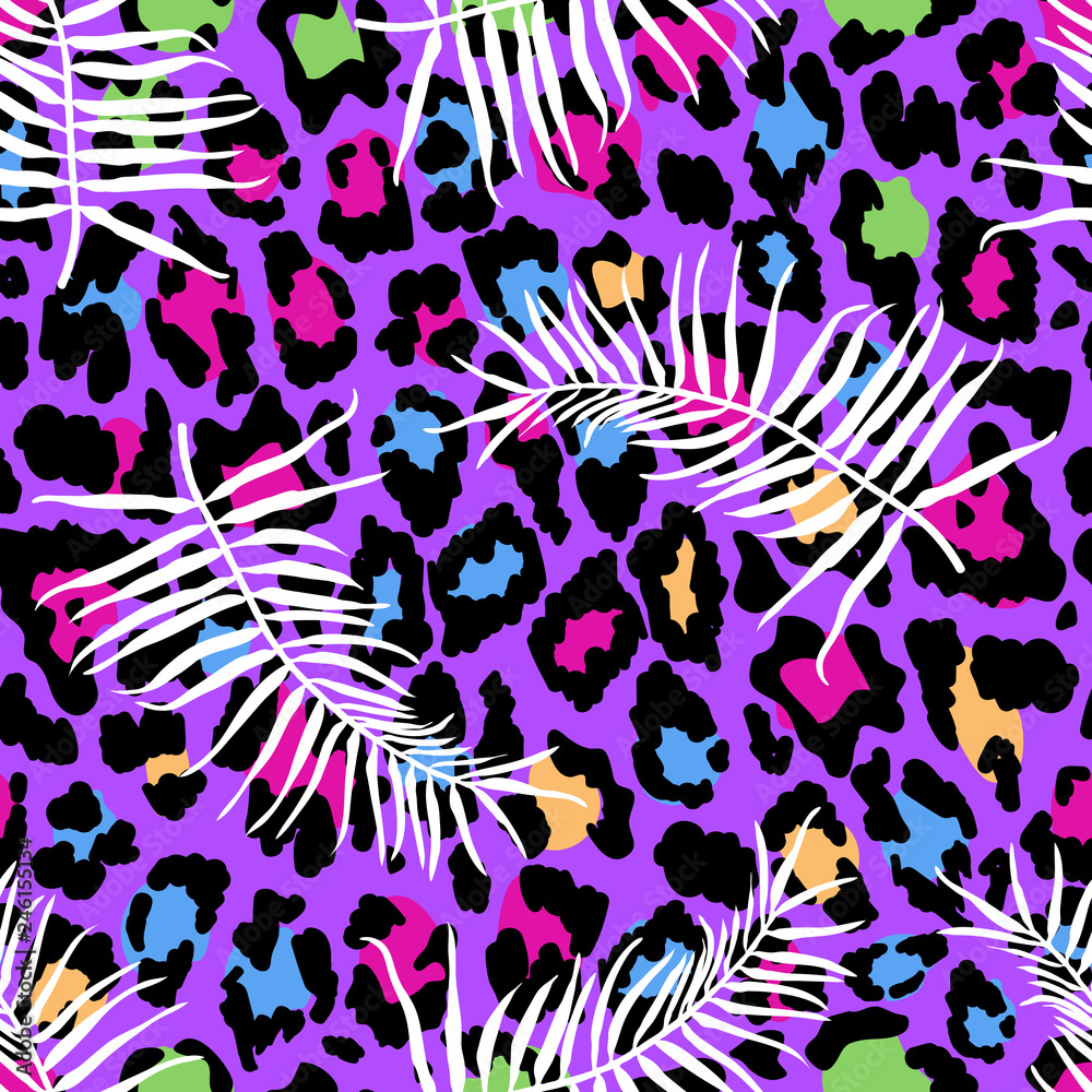 Leopard seamless pattern design with palm leaves, vector illustration ...