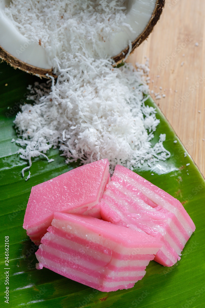 Steamed coconut milk pudding kuih talam with tapioca candy Stock Photo ...