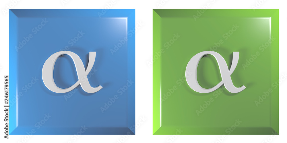 Push buttons square, blue and green with alpha sign - 3D rendering ...