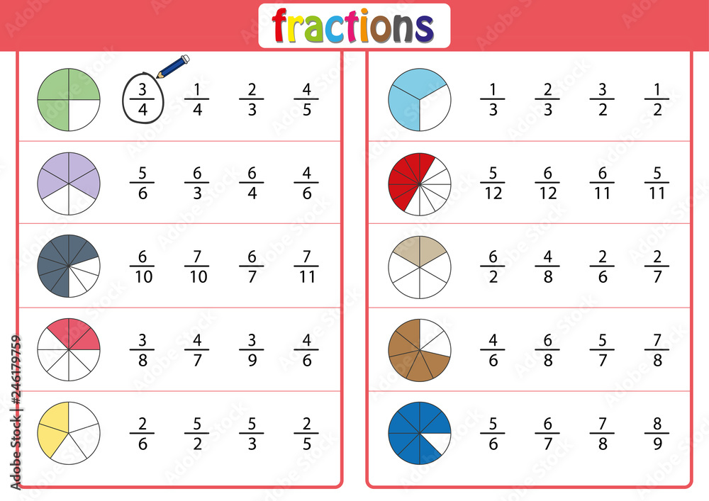 Circle The Correct Fraction Mathematics Math Worksheet Stock Vector