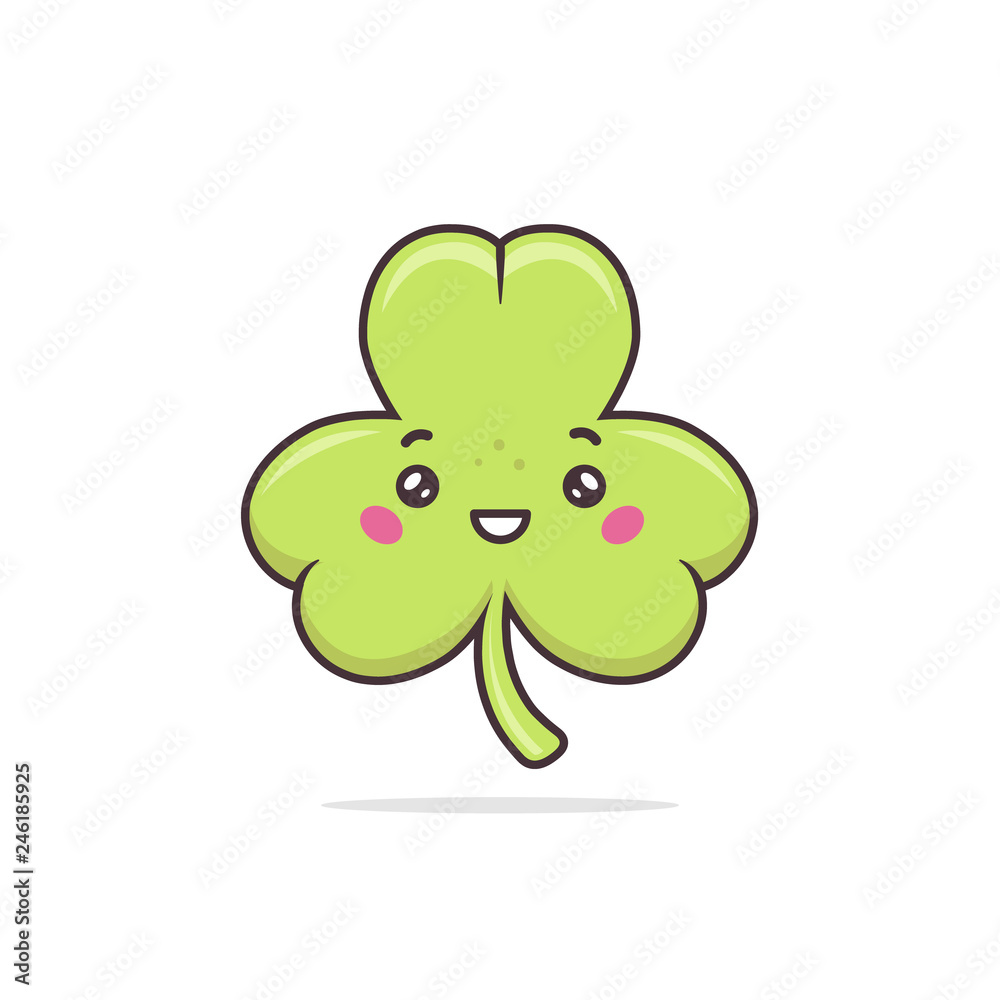 Cute kawaii shamrock cartoon character with happy face vector ...