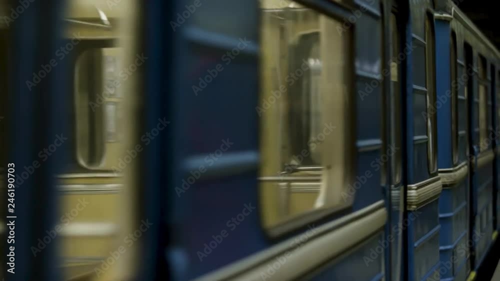 Close up for windows of the underground carriage at the subway station ...