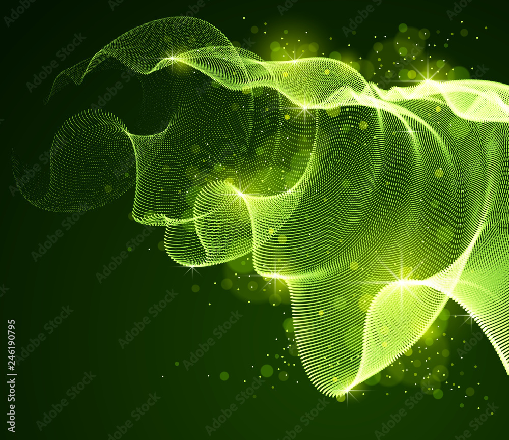 Flowing magic particles wave over dark, transparent tulle textile on ...