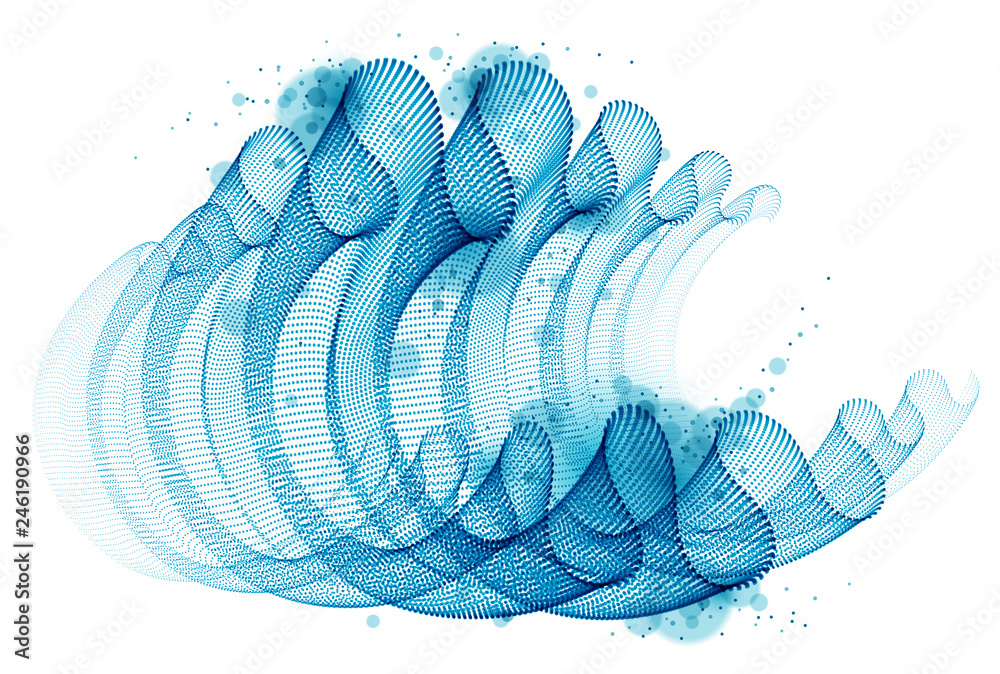 Dynamic particles wave flowing, transparent tulle textile on wind. Dotted curves vector abstract ...