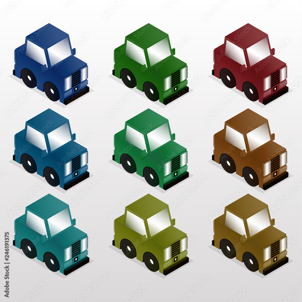 Set of bright cartoon flat-style car games. Isometric game design ...