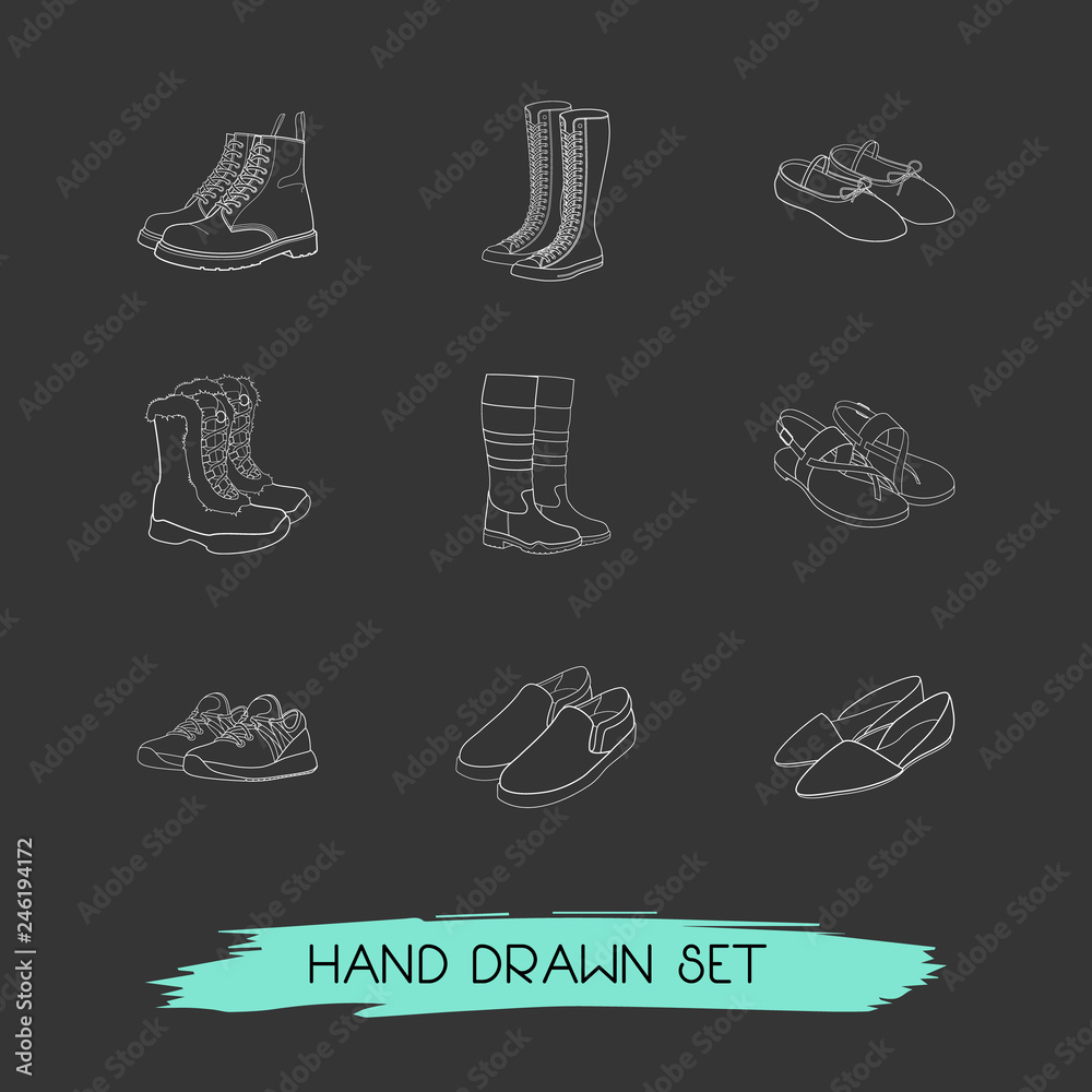 Set of shoe types icons line style symbols with insulated boots, ballet ...