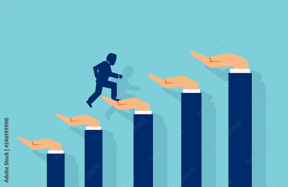 Vector of a businessman climbing a career ladder made of human hands ...