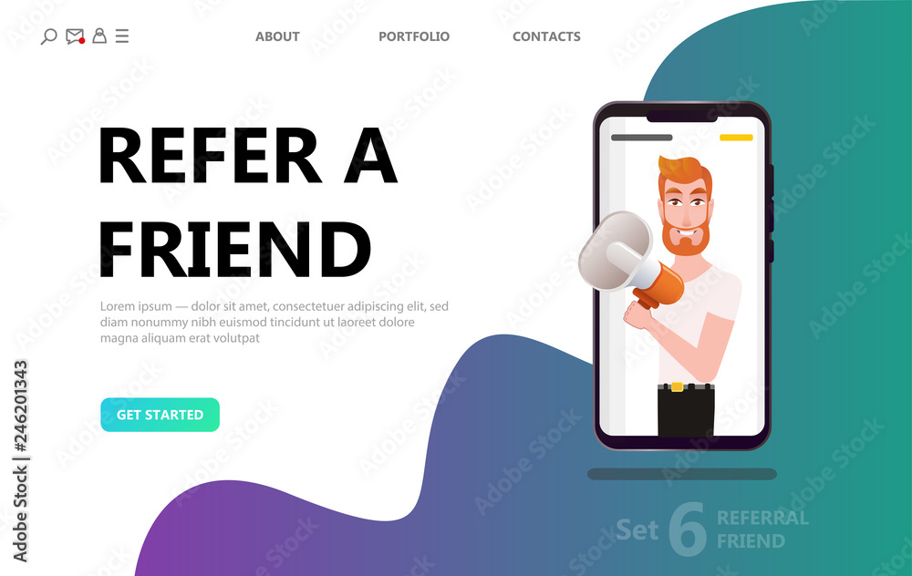 Refer a friend concept, man people shout on megaphone in smartphone ...