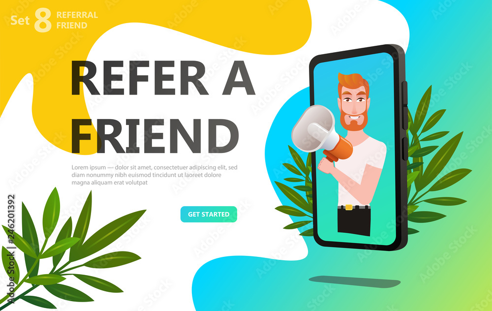 Refer a friend concept. Referral code. Bussines man with megaphone on ...