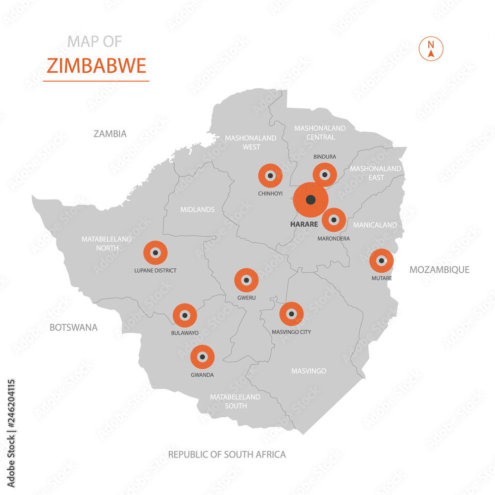 Stylized vector Zimbabwe map showing big cities, capital Harare ...