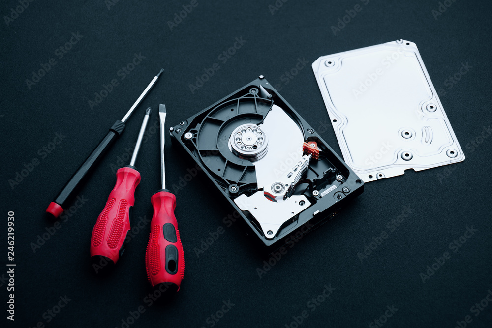 Data storage hard disk drive uncovered with assembly case cover part ...