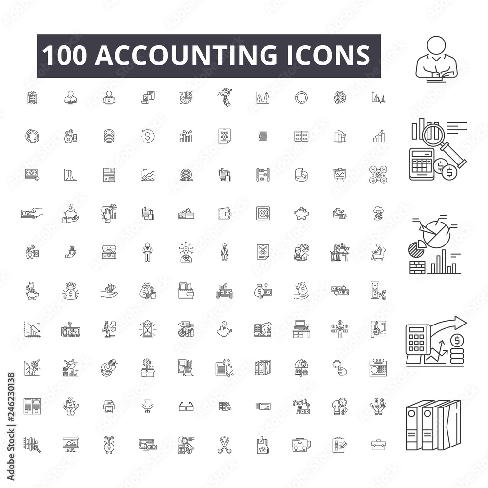 Accounting editable line icons, 100 vector set, collection. Accounting ...