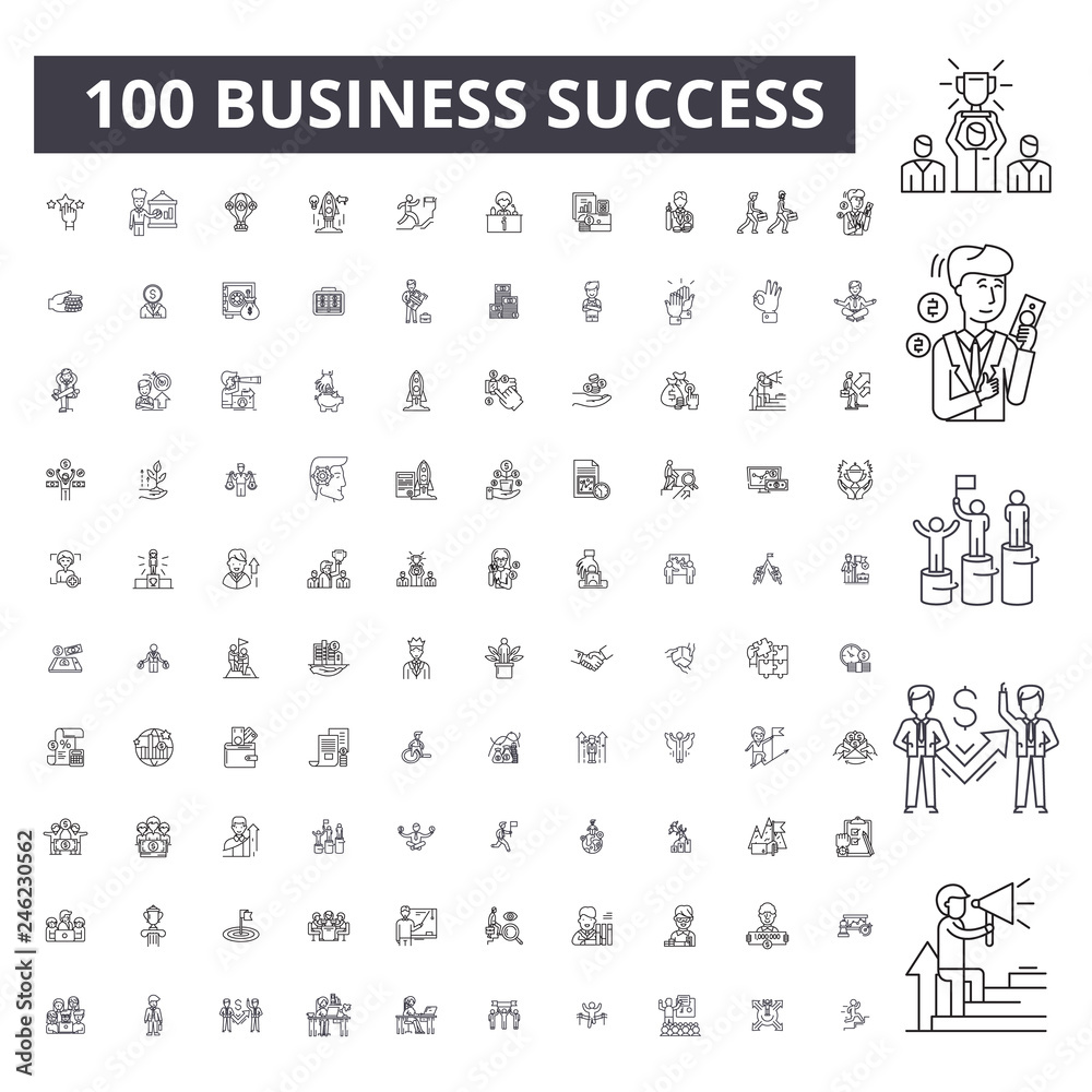 Business success editable line icons, 100 vector set on white ...