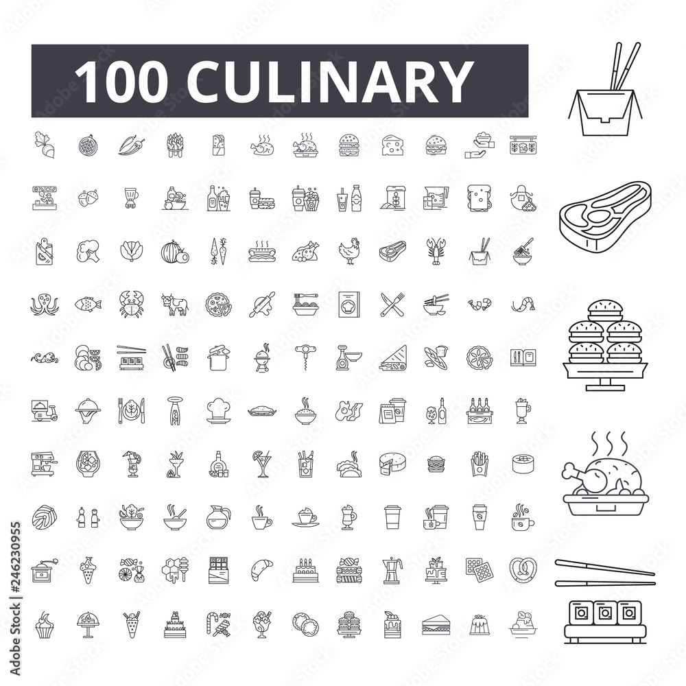 Culinary editable line icons, 100 vector set on white background ...