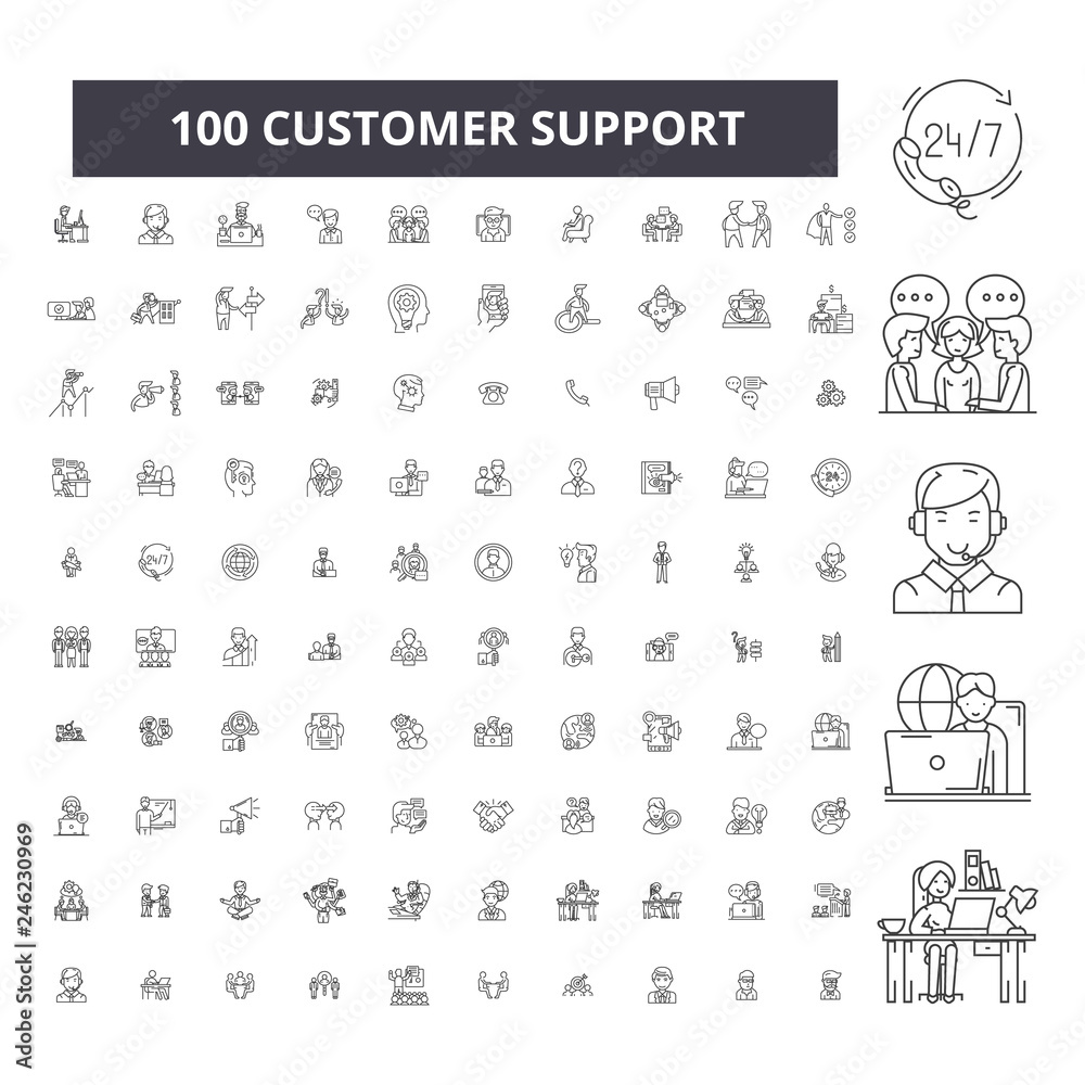 Customer support editable line icons, 100 vector set on white ...