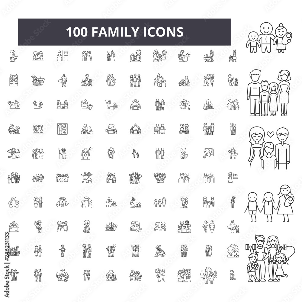 Family editable line icons, 100 vector set on white background. Family ...