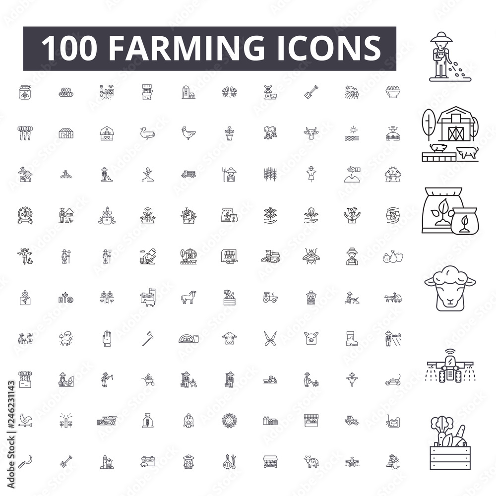 Farming editable line icons, 100 vector set on white background ...