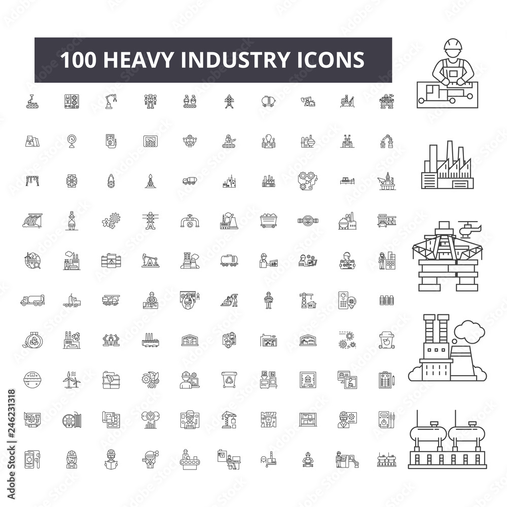 Heavy industry editable line icons, 100 vector set on white background ...