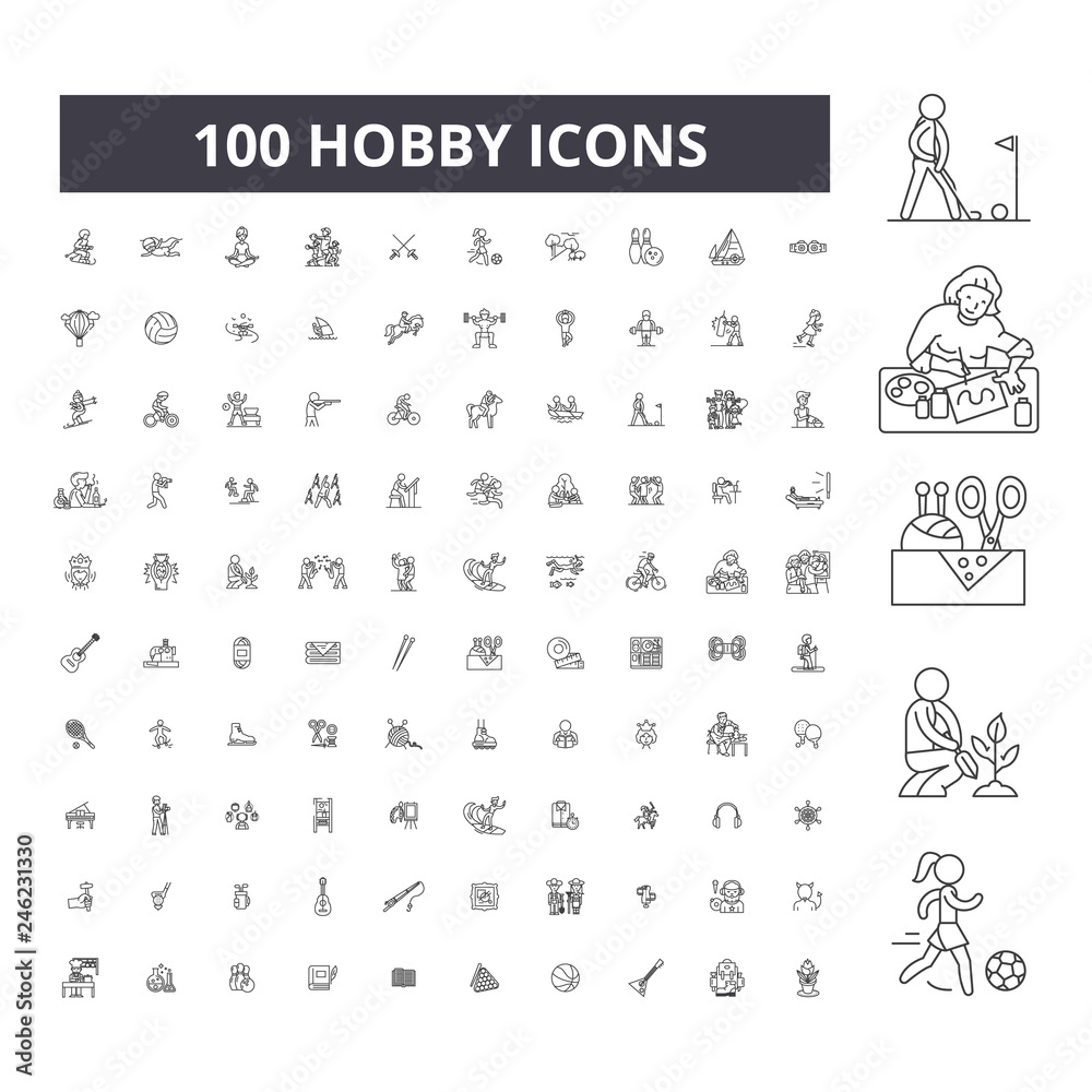 Hobby editable line icons, 100 vector set on white background. Hobby ...