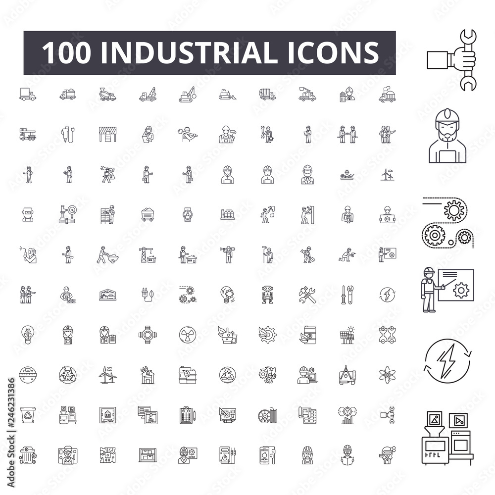 Industrial editable line icons, 100 vector set on white background ...