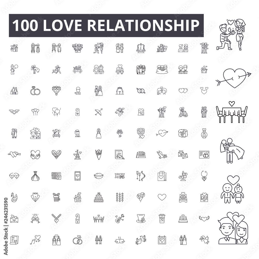 Love relationship editable line icons, 100 vector set on white ...