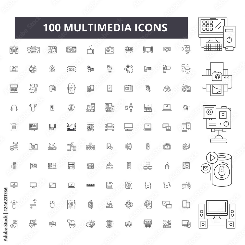 Multimedia editable line icons, 100 vector set on white background ...