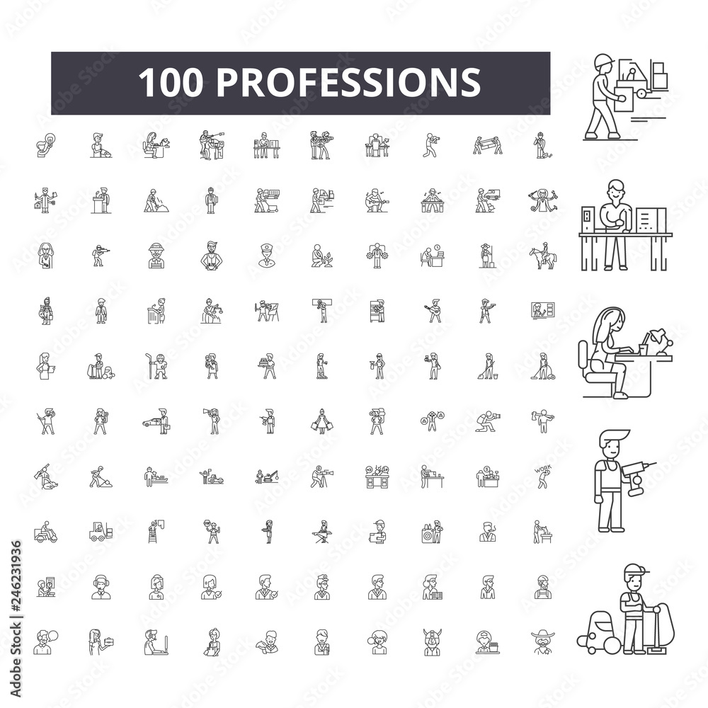 Professions editable line icons, 100 vector set on white background ...