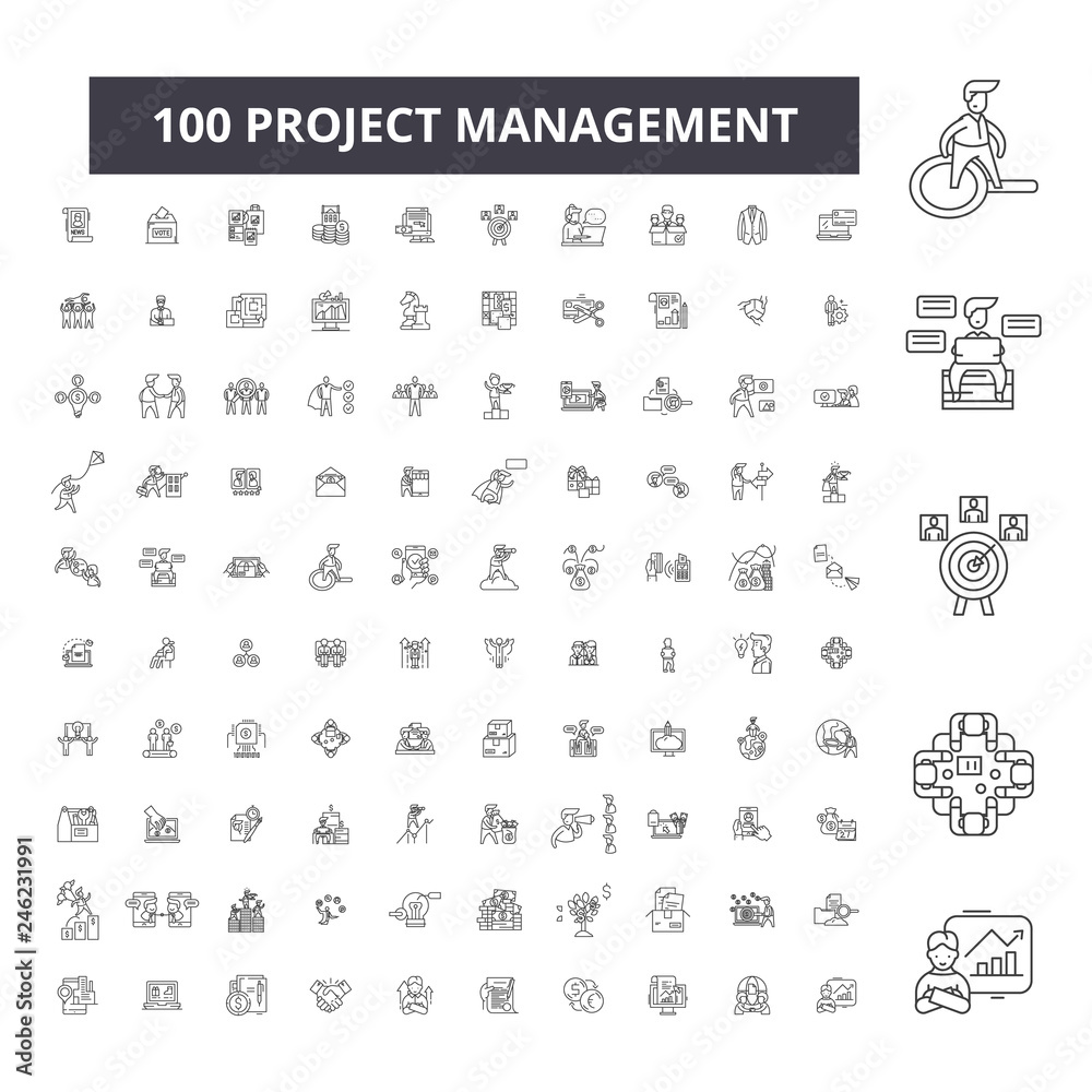 Project management editable line icons, 100 vector set on white ...
