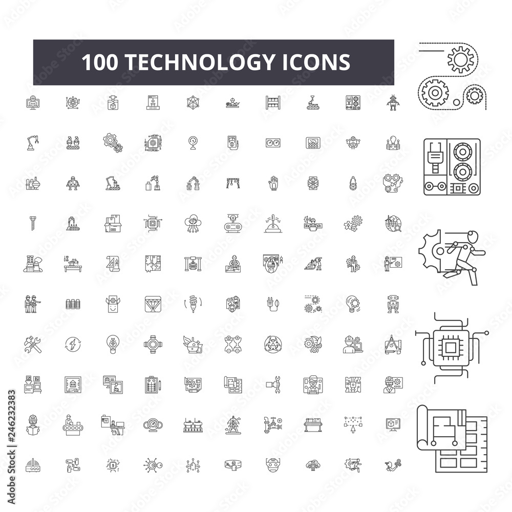 Technology editable line icons, 100 vector set on white background ...