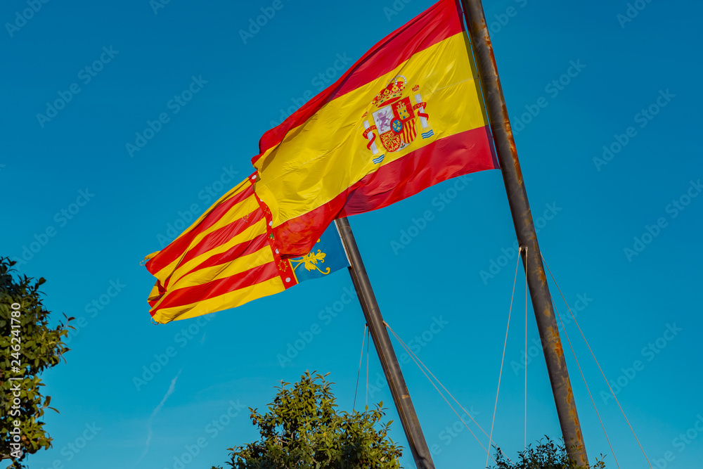 Big Spanish waving flag. Valencian Community flag. Big Spanish waving flag. Valencian Community flag.