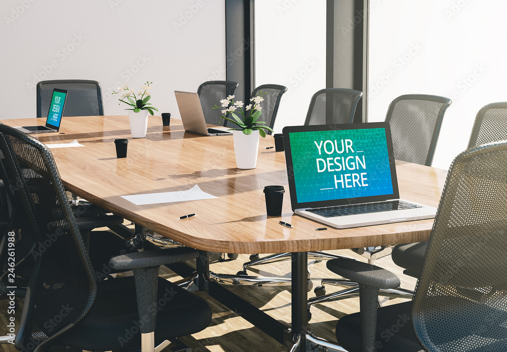 Laptops on Conference Room Desk Mockup Stock Template | Adobe Stock