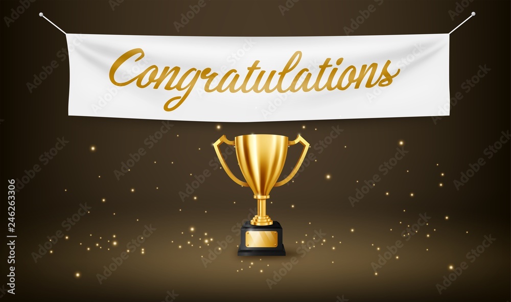 Realistic Golden Trophy with text space and Congratulations text on ...