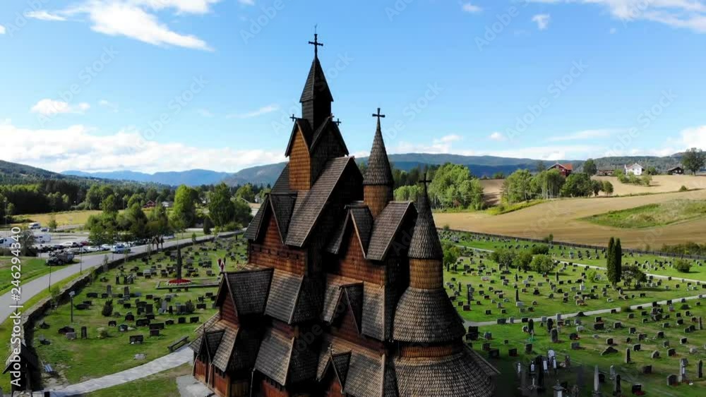 Heddal Stave Church Notodden Norway in summer. Pedestal up Drone shot ...