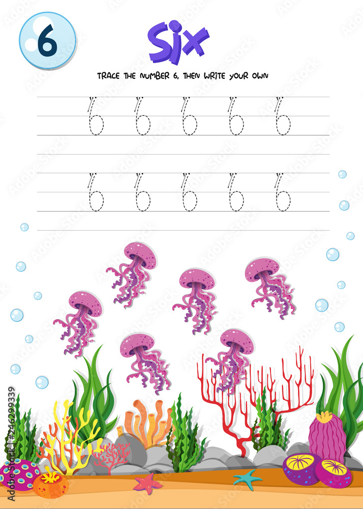 Number six tracing worksheets Stock Vector | Adobe Stock Number six tracing worksheets Stock Vector | Adobe Stock