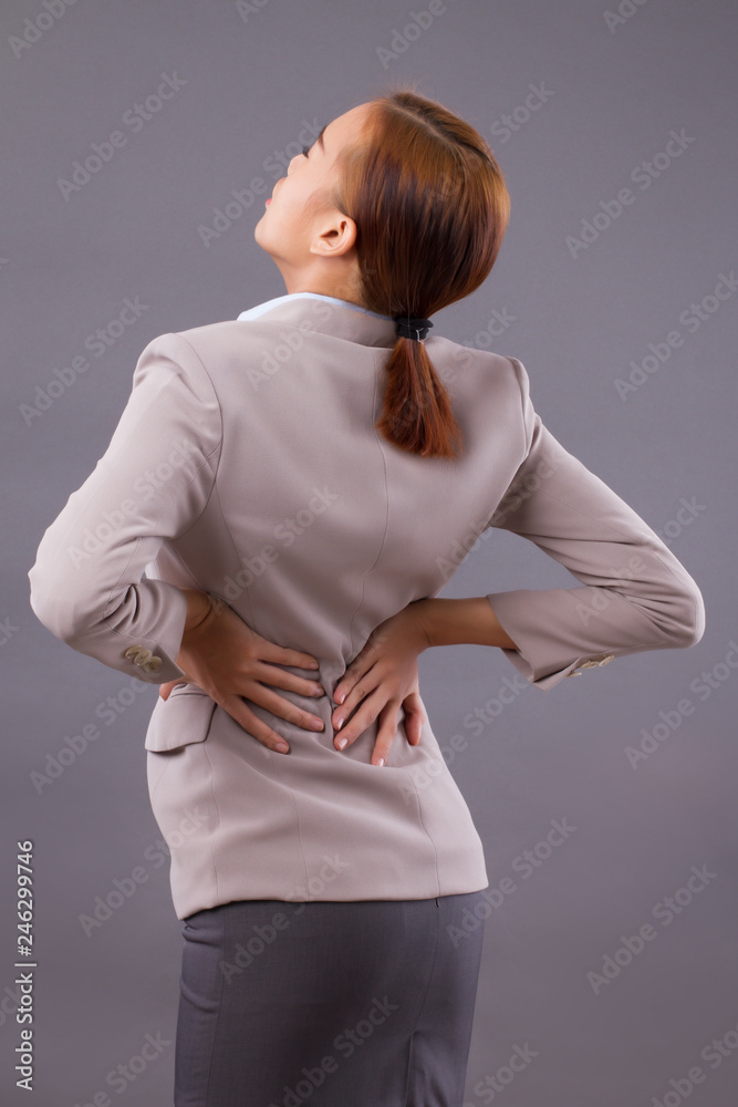 woman with back pain symptoms, office syndrome; portrait of asian woman ...
