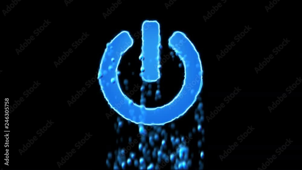 Liquid symbol power off appears with water droplets. Then dissolves ...