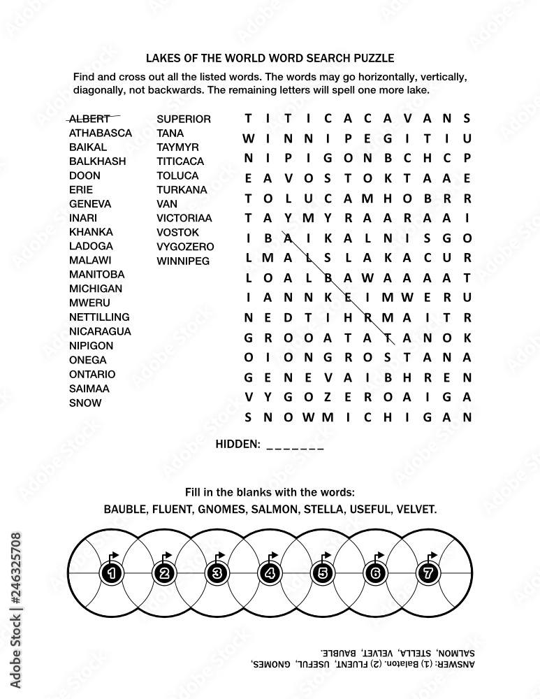 Puzzle page with two word games (English language). Lakes of the world ...