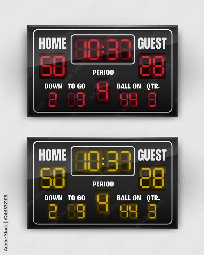 Vector illustration of sport scoreboard with digital font in red and ...
