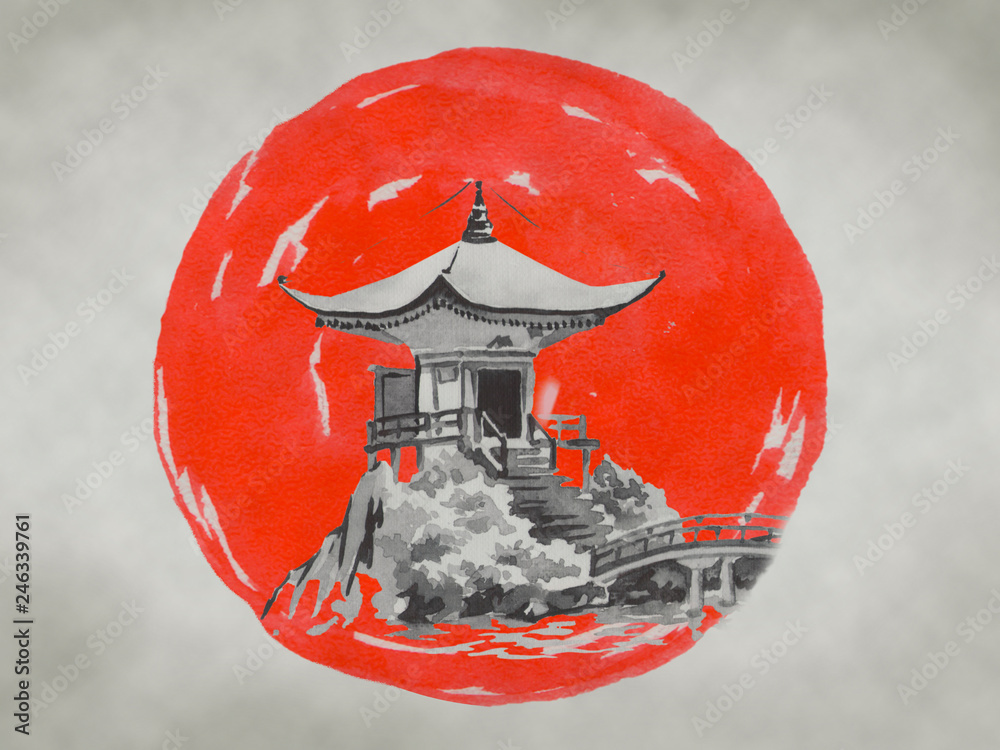 Japan traditional sumi-e painting. Watercolor and ink illustration in ...