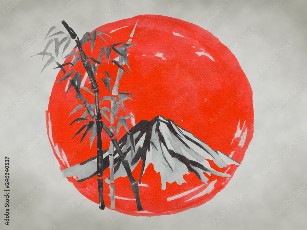 Japan traditional sumi-e painting. Watercolor and ink illustration in ...