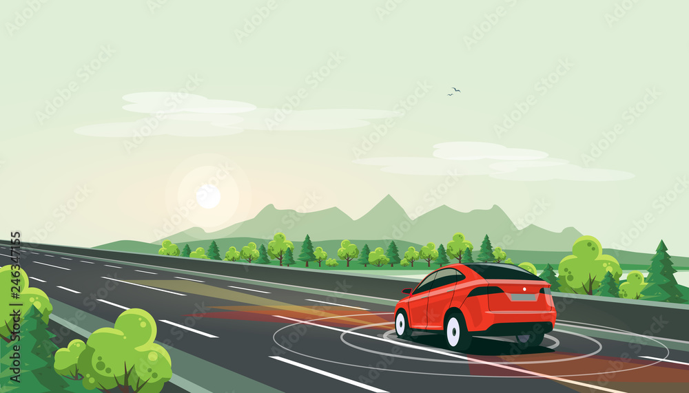 Vector illustration of smart autonomous driverless electric car driving ...