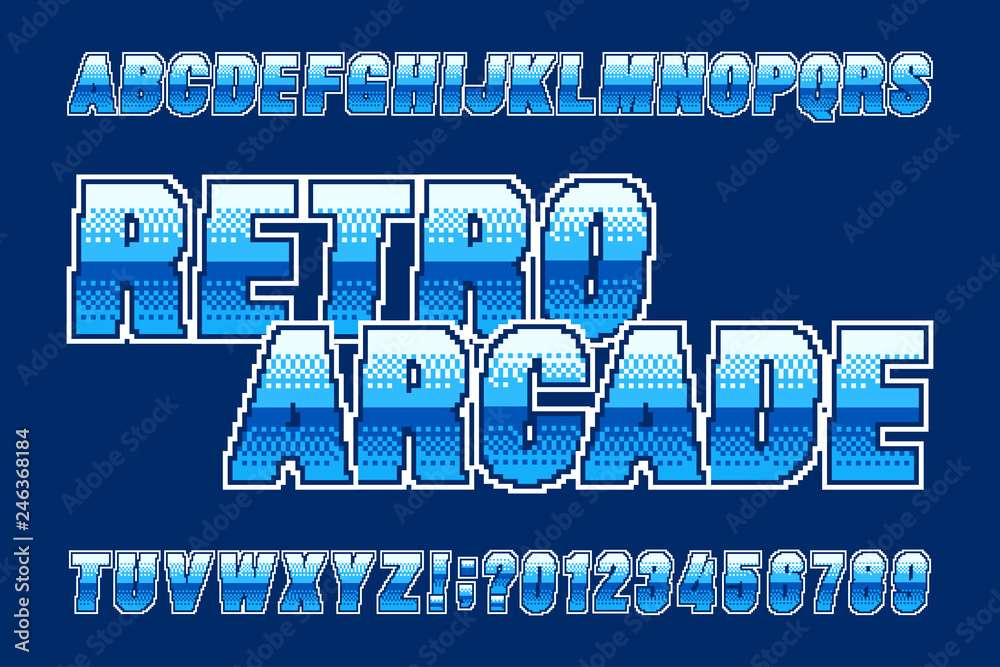 Retro arcade alphabet font. Pixel gradient letters and numbers. 80s ...