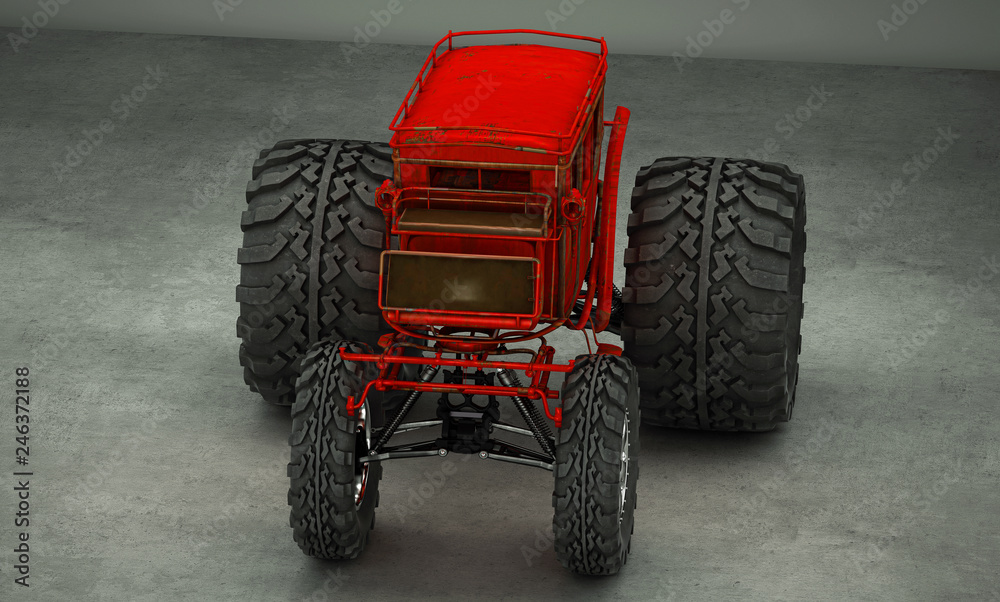 Vecchia carrozza rossa steampunk senza cavalli, con ruote giganti da ...