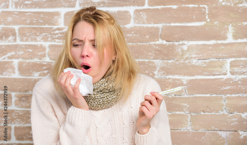 High temperature concept. Woman feels badly ill. How to bring fever ...